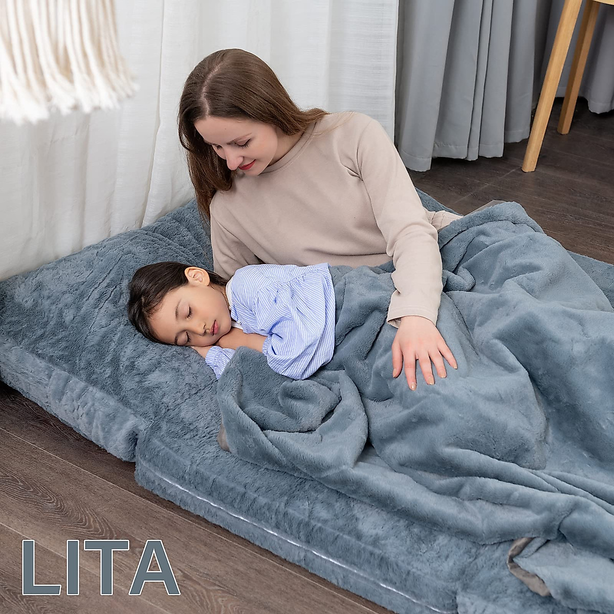 LITA Fluffy Soft Bean Bag Sofa Bed with Blanket, Folding Mattress Bean Bag Chair Foam Filling Convertible Couch Bed with Removable Cover Soft Faux Fur Wall Sofa Bed for Living Room, Dark Grey