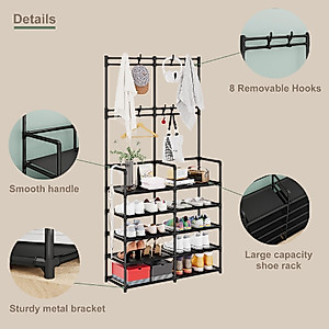 UDEAR 5-Tier Coat and Shoe Rack, Entryway Coat Rack with 8 Hooks, Double Row Shoes Organizer for Living Room, Bedroom, Office, Black