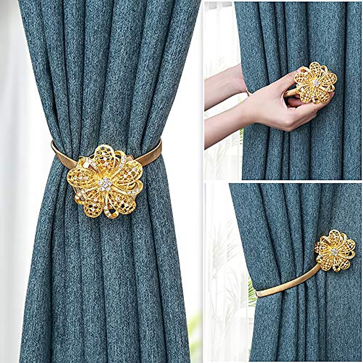 JQWUPUP Magnetic Curtain Tiebacks, Luxury Crystal Blossoms Drapery Holdbacks - Decorative Curtain Tie Backs Clip for Sheer and Blackout Panels (2 Pieces, Gold Yellow)