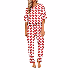 Ekouaer Happy Valentines Day Outfit Womens Pajama Sets Silk Pj Set Short Sleeve Satin Silky Pajama Set Ladies Pajamas Pyjamas Pants Set Soft Loungewear Set Valentines Day Gifts Red Heart S