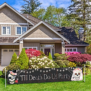 MELTELOT Large Halloween Till Death Do Us Part Banner,Skull Mr and Mrs Anniversary Valentines Birthday Party Decorations,Spooky Engagement Wedding Bridal Shower Lawn Sign Yard Sign Banner Backdrop