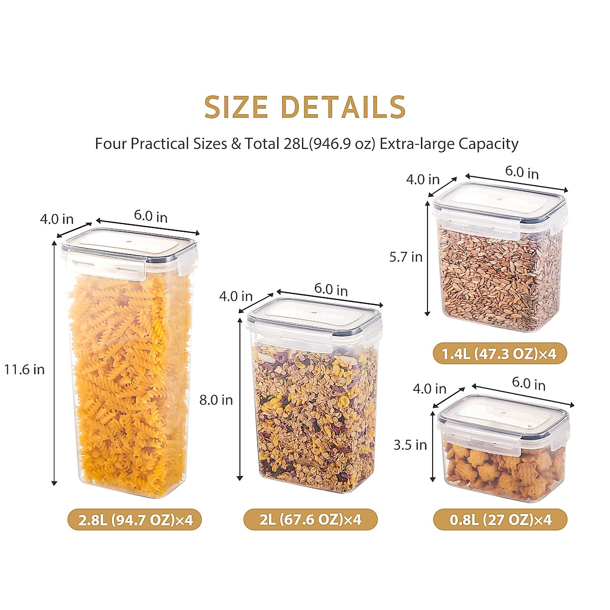 Syntus Cereal Containers Storage Set, 16 Pcs Airtight Pantry Organization and Plastic Kitchen Pasta Food Storage Container with Lids (28L), Labels & Spoon Included