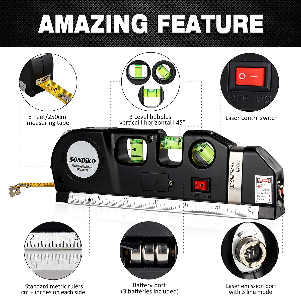 Sondiko Laser Level Tool Kit, Multifunction Laser Leveler for Picture Hanging, Cabinets, Tiles, Measure Tape Standard & Metric Tape Ruler (8ft/2.5M) with Retractable Metal Tripod Stand