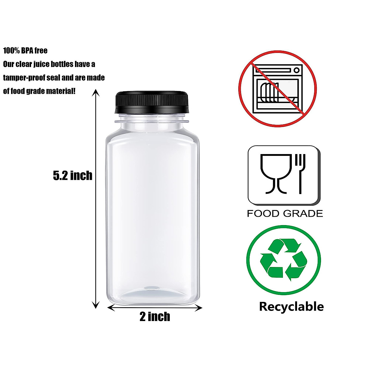 4 Pcs Plastic Juice Bottle, Reusable Drink Containers, For Juice, Milk, Smoothie And Other Drinks, With Black Lid, 8 OZ.