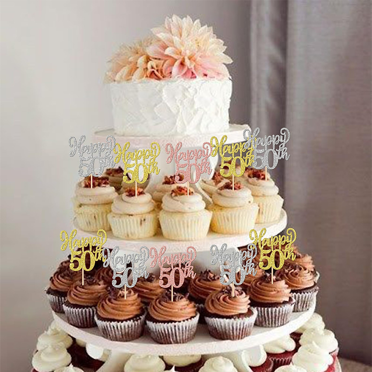 24PCS Happy 50th Cupcake Toppers Gold Rose Gold Silver Glitter Fifty Cheers to 50 Cupcake Picks 50 Fabulous Number 50 Birthday Cake Decorations for 50th Birthday Wedding Anniversary Party Supplies