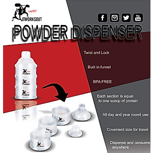 ITWORKSOUT Supplement Powder Dispenser,Protein Powder dispenser,Vitamins container,Travel friendly,Multi-Purpose,supplement Storage Container,BPA Free,3 Compartments,Transparent,funnel dispenser