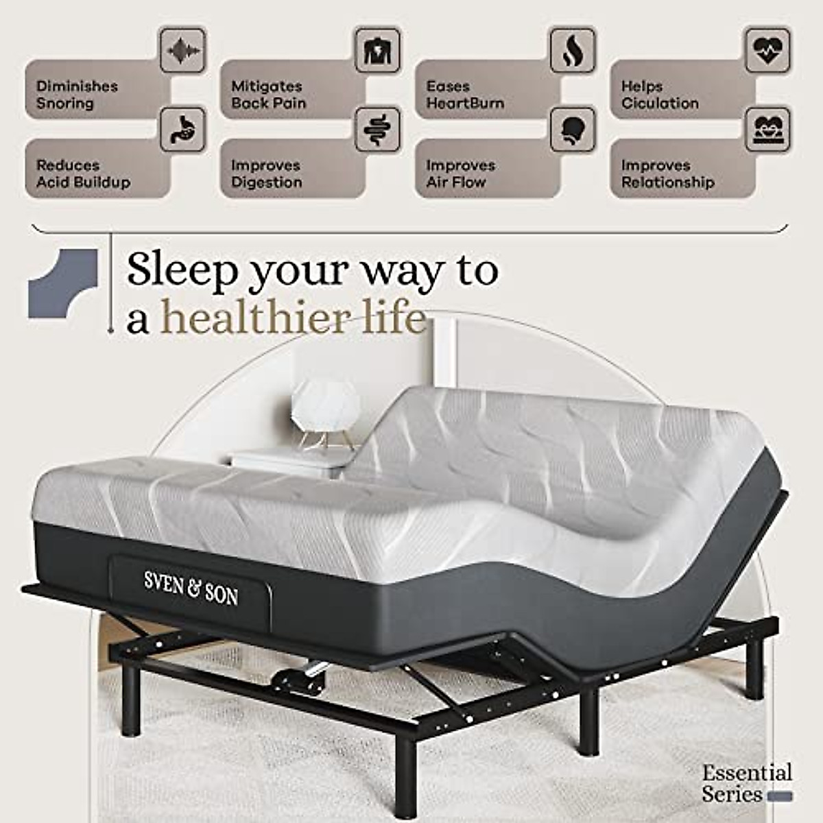 Sven & Son Full Essential Adjustable Bed Base Frame + 14" Luxury Cool Gel Memory Foam Hybrid Mattress, Wireless, Easy Self-Assembly, Head & Foot Articulation (Full + 14" Mattress)