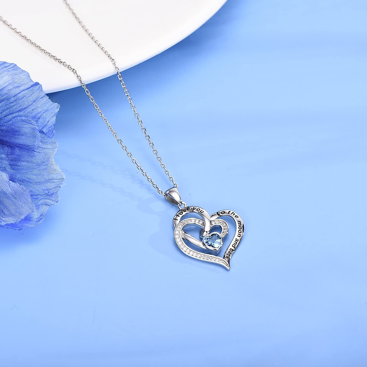 Distance Heart Necklace for Women 925 Sterling Silver Blue March Birthstone I Love You to The Moon and Back Necklaces for Valentines Day Birthday Mother Days' Jewelry Gift with Box