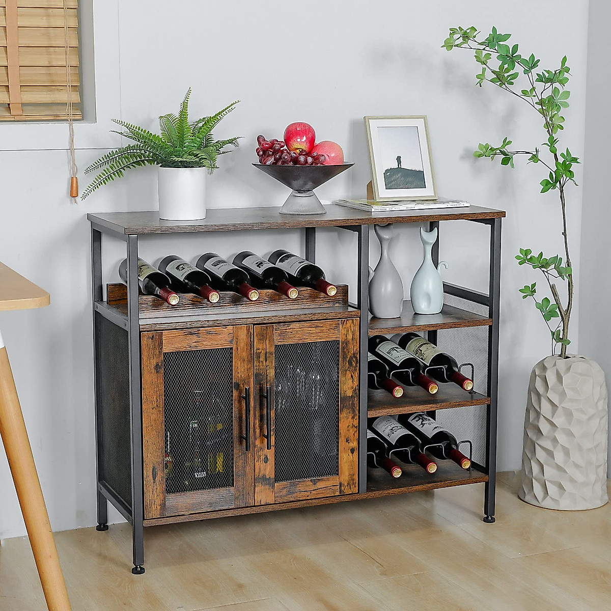X-cosrack Wine Bar Rack Cabinet with Detachable Wine Rack, Coffee Bar Cabinet with Glass Holder, Small Sideboard and Buffet Cabinet with Mesh Door, Rustic Brown, Large