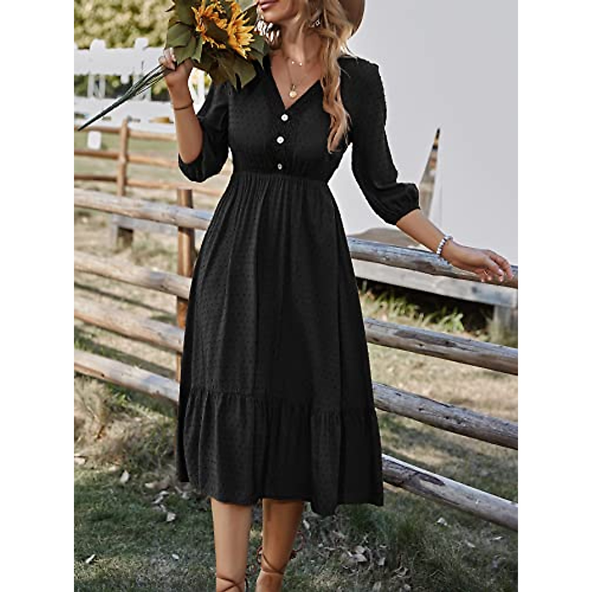 OYOANGLE Women's Swiss Dot Lace Fake Button 3/4 Lantern Sleeve Ruffle Hem V Neck A Line Flowy Midi Dress Black M