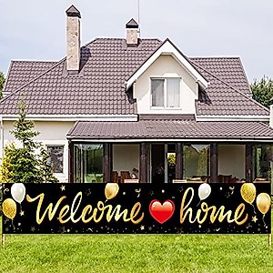 Welcome Home Banner Decoration, Black Gold Welcome Back Home Yard Sign for Outdoor, Military Homecoming Deployment Returning Party Supplies