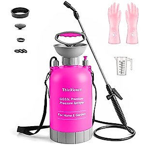Pump Sprayer Set 1.35 Gallon, ThinkLearn Pressure Sprayer in Lawn & Garden, with Gloves, Measuring Cup and Spare Parts, Portable Hand Sprayer for Yard, Plant Water and Cleaning, 5L Pink