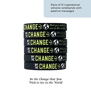 (10-pack) "Be the Change that You Wish to See in the World" - Inspirational Awareness Wristbands for Any Cause - Wholesale Bulk Pack of 10 Silicone Bracelets in Unisex Adult Size