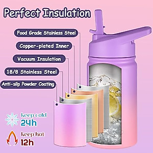 Mininoo Insulated Kids Water Bottle, 12 oz Stainless Steel Water Bottle Kids with Straw Lid and Chug Lid for Girls, Boys (Purple/Pink)