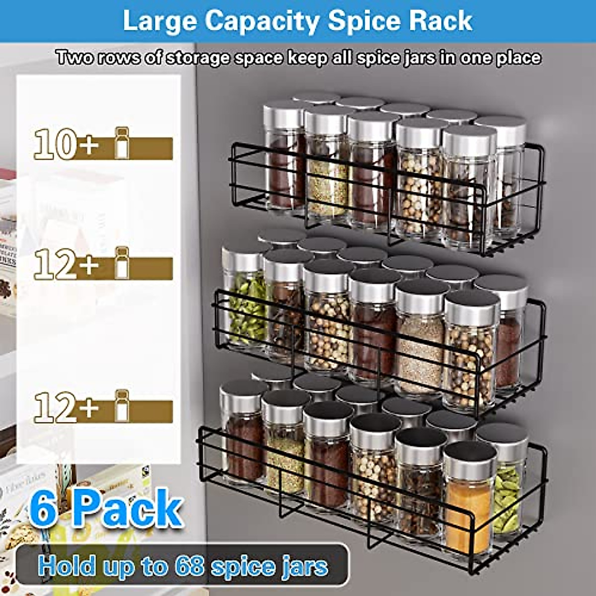 Goabroa Spice Rack Wall Mount Organizers, Large Capacity Hanging Spice Racks for Kitchen Wall Cabinet Door Pantry RV, 6 Pack Black Space-saving Seasoning Storage Rack