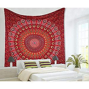 SHIRANYA Red Queen Indian Mandala Tapestry Wall Hanging for Bedroom Bohemian Floral Design Cotton Bedspread Throw Blanket Decorative (84x90 inches/213x229 cm)