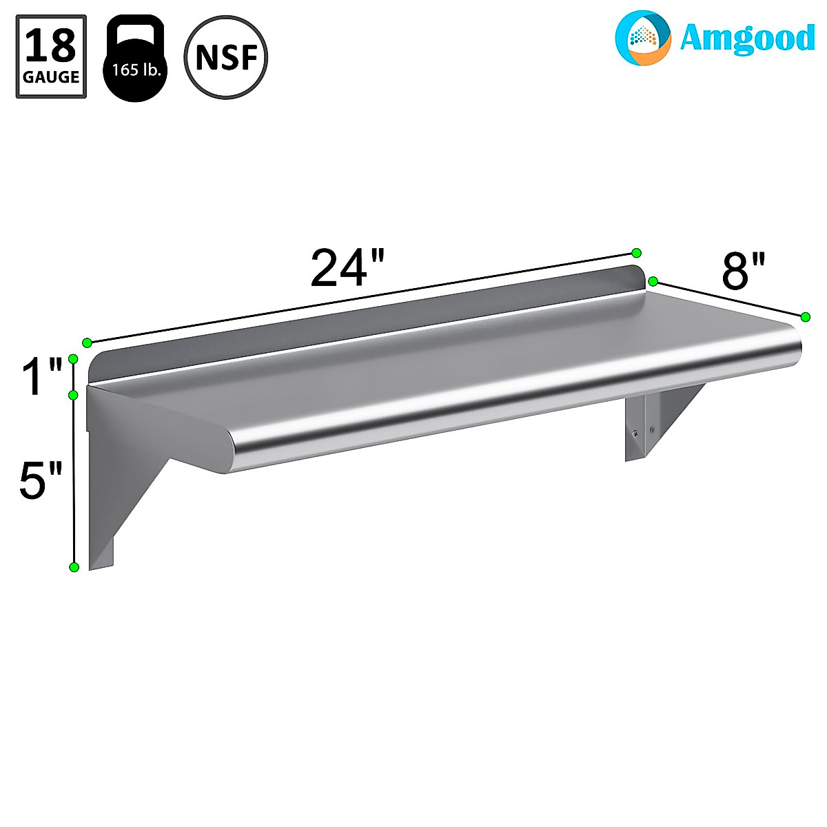 AmGood 24" Long X 8" Deep Stainless Steel Wall Shelf | NSF Certified | Appliance & Equipment Metal Shelving | Kitchen, Restaurant, Garage, Laundry, Utility Room
