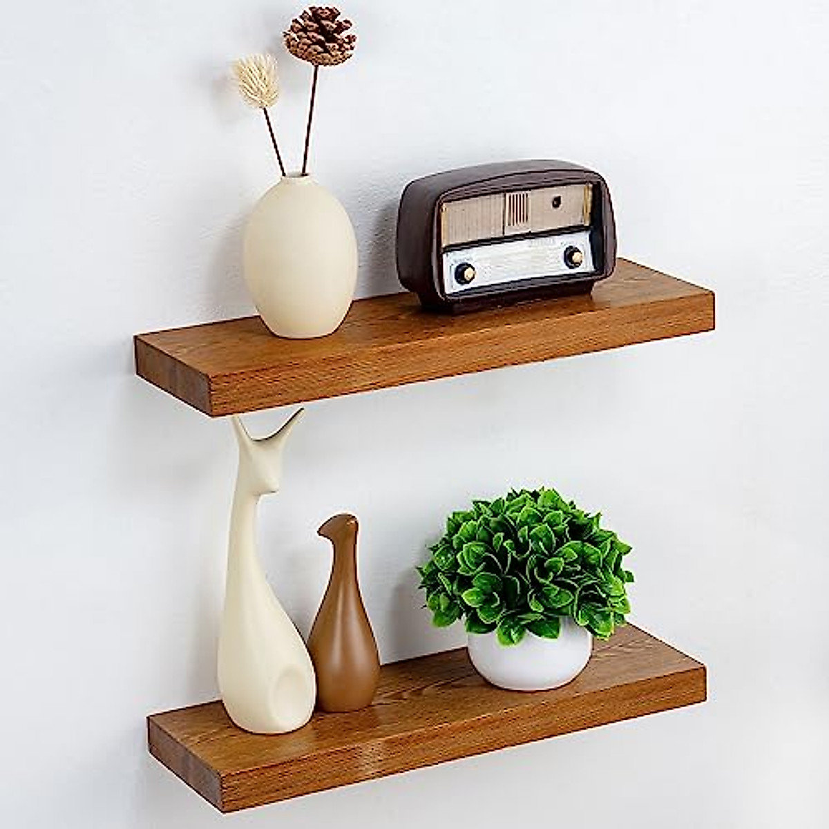 Marsmiles Floating Shelves Solid Wood Set of 2, Rustic Wood Wall Shelves, Wooden Wall Mounted Farmhouse Shelves for Bathroom Kitchen Living Room Bedroom - Light Walnut