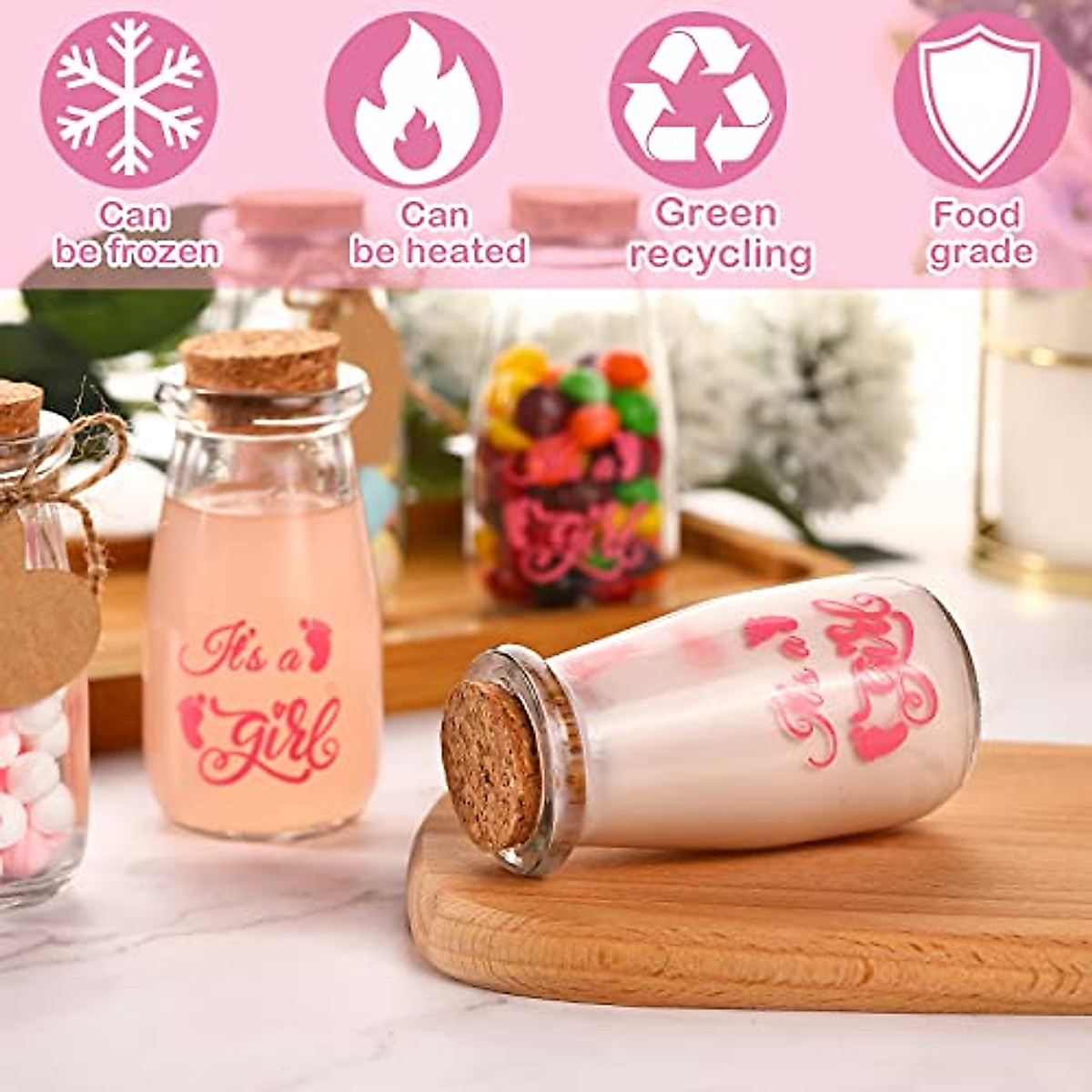 Sieral 48 Pcs 3.4 oz Small Glass Bottles Favor Jars with Cork Lids Baby Shower Decorative Milk Jar for Party Candy Decorations Souvenirs (It's a Girl)