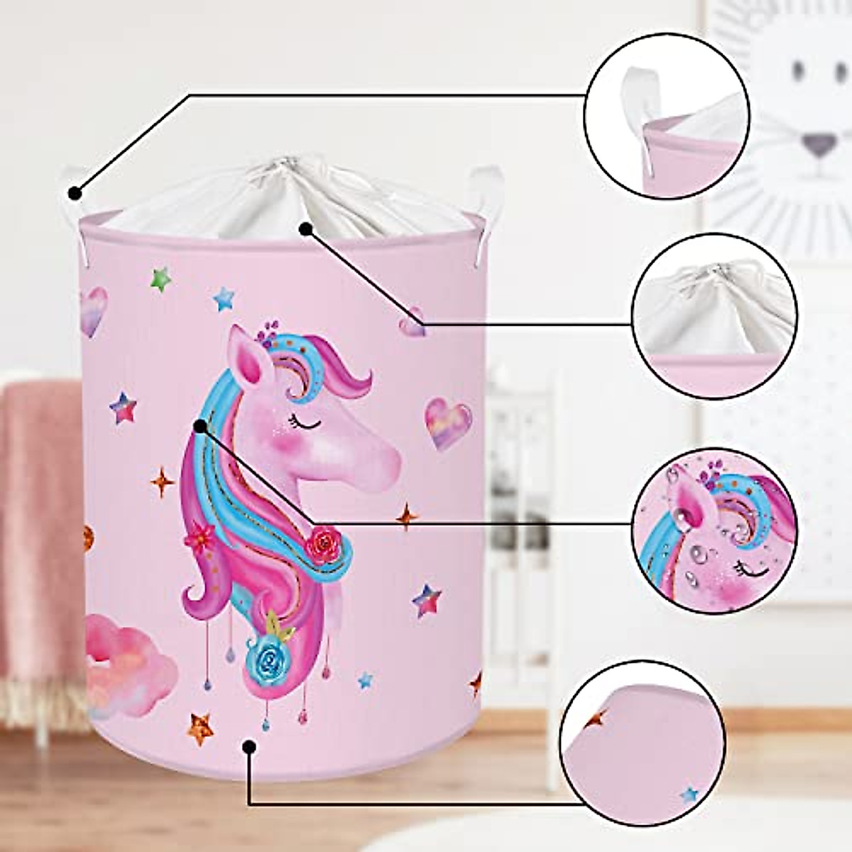 Clastyle 45L Pink Unicorn Kids Laundry Hamper Adorable Collapsible Laundry Basket with Drawstring Waterproof Toys Storage Basket with Handle, 14 * 17.7 in