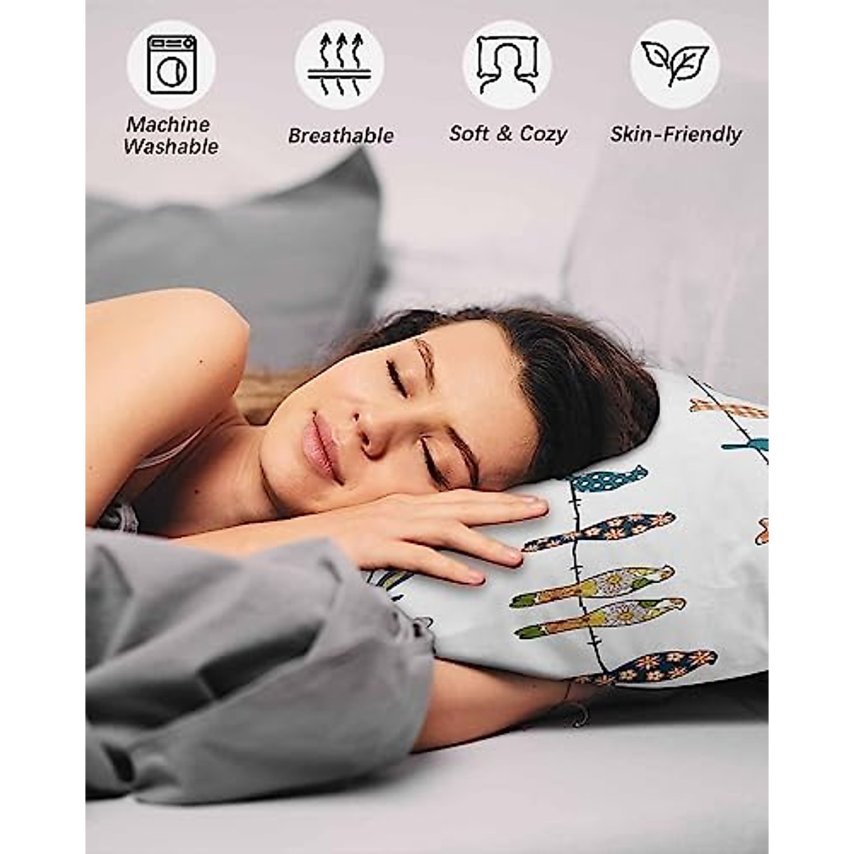 Edwiinsa Orange Teal Plaid Pillow Covers Standard Size Set of 2 20x26 Bed Pillow, Rustic Turquoise Spring Floral Birds Plush Soft Comfort for Hair/Skin Cooling Pillowcases with Envelop Closure