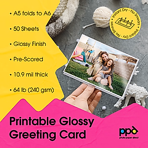 PPD 50 Inkjet Printable Blank Glossy Greeting Card Paper 64lbs 240gsm 10.9mil 8.5x11 Half Fold To 5.5x8.5 Premium Quality Photographic Print Cardstock Instant Dry and Water-Resistant (PPD-51-50)