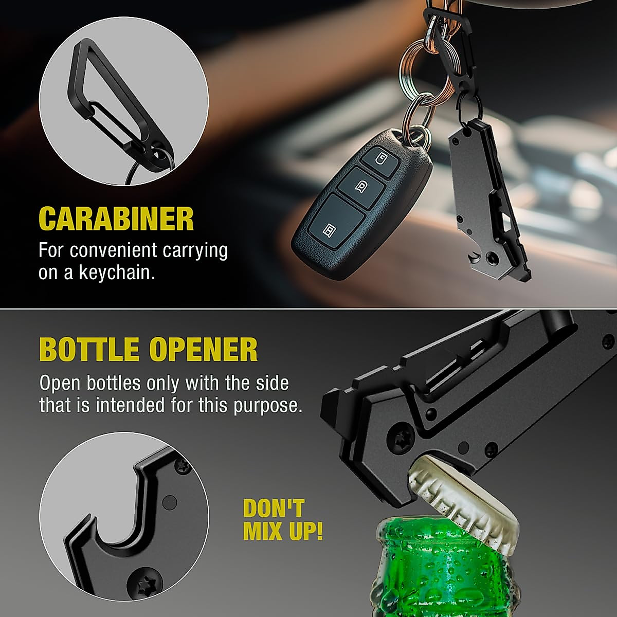 Mini Keychain Knife with Carabiner - 2" Tanto Serrated Blade - Black Multitool with Bottle Opener - Box Cutter - Liner Lock - Legal Small Pocket Knife for Men - EDC Foldings Knives for Gifts 2248