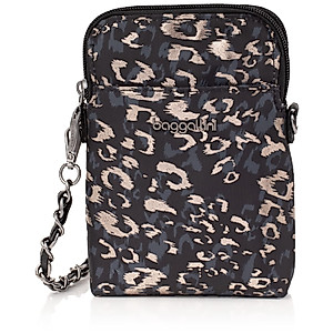 Baggallini Women's Gunmetal Metallic Cheetah Sling Bag, Small Travel Bag with RFID Blocking Sleeves, Water-Resistant Mini Purse