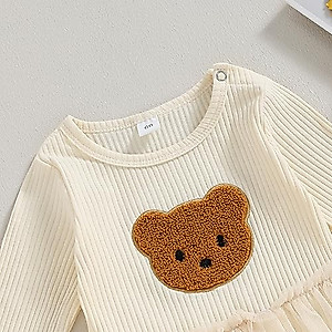 Kuriozud Baby Girls Mesh Romper Dress Bear Pattern Long Sleeve Jumpsuits for Newborn Infant Toddler Cute Clothes (Milky White, 12-18 Months)