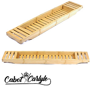 Cabot & Carlyle Luxury Bath Caddy Tray for Tub | Bath Table | Premium Bamboo Bathtub Tray for Tub | Fits All Bath Accessories Wine Glass, Books, Tablets, Cellphones, Shampoo | Bath Shelf Foldable.