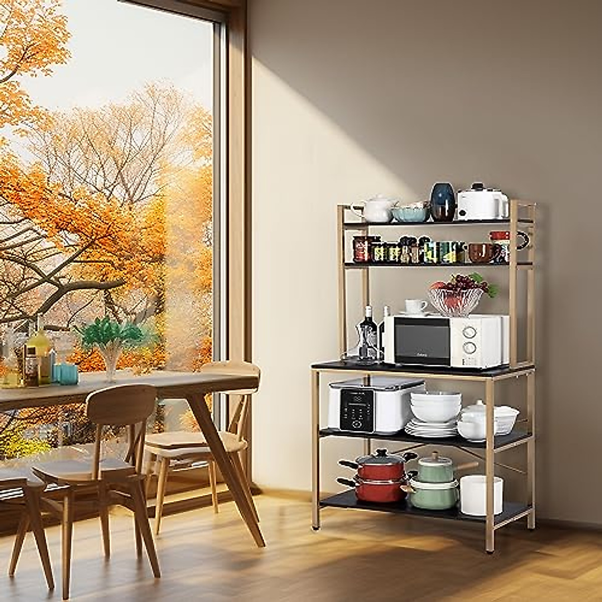 Finnhomy Bakers Racks for Kitchens Storage with Hutch, Coffee Bar Cabinet, Modern 5 Tier Kitchen Shelf Freestanding Microwave Stand Rack for Kitchen/Living Room/Office/Pantry, Gold+Black