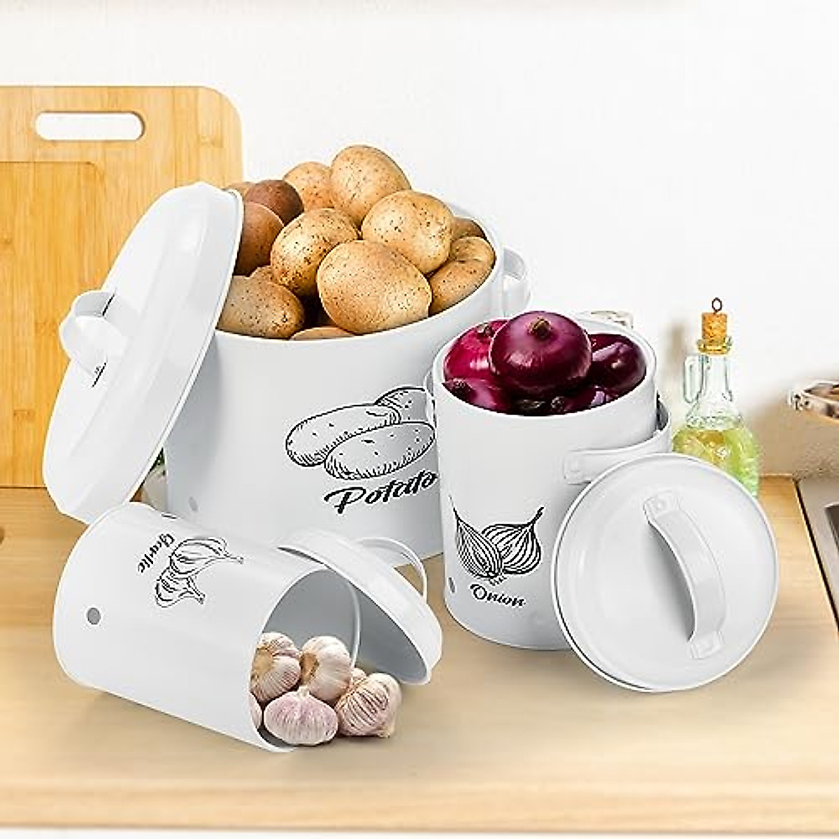 Frcctre Set of 3 Potato and Onion Storage Canisters, Potato, Onion, Garlic Kitchen Storage Bin With Lids, Metal Vegetable Keeper Storage Bins Set with Aerating Holes for Pantry Organization
