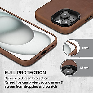 Belemay Compatible with iPhone 15 Leather Case Magsafe - Top Grain Vintage Crazy Horse Leather - Metal Buttons & Camera Bezel Bump - Slim Fit & Soft Feel - Premium Phone Cover (6.1-inch) Retro Brown