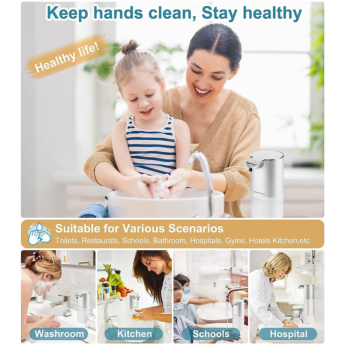 Cheftick Soap Dispenser, Automatic Foaming Soap Dispenser with 4 Adjustable Volume Control, Touchless Rechargeable Hands Free Auto Soap Dispenser for Kitchen, Bathroom, Hotel, Restaurant,13.5oz/ 400ml