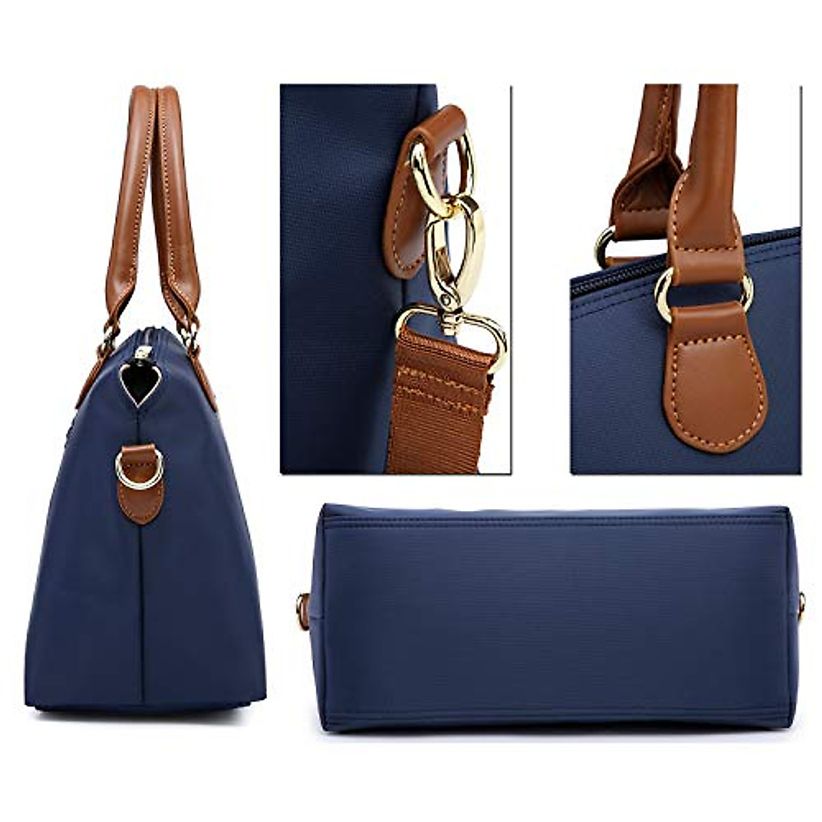 NNEE Water Resistance Nylon Top Handle Satchel Handbag with Multiple Pocket Design - Navy