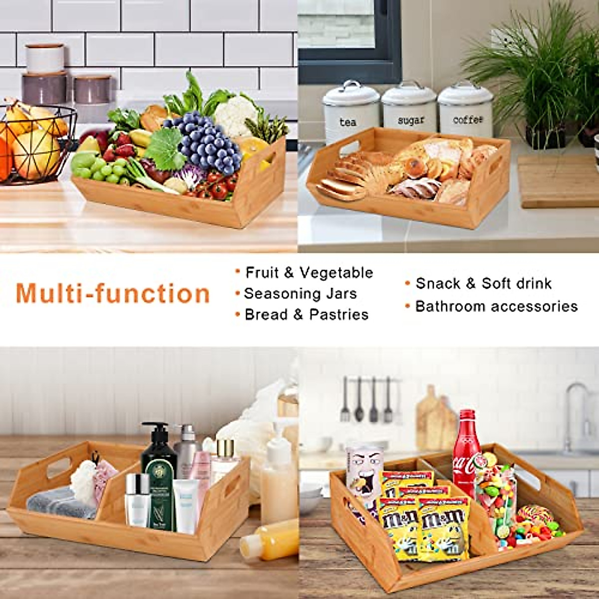 Kitchen Organization, Bamboo Organizer Bin, Multi Purpose Organizer for Kitchen Supplies Holder, Fruit Bin, Cabinets, Pantry and Onion Storage Bin with Built in Handles