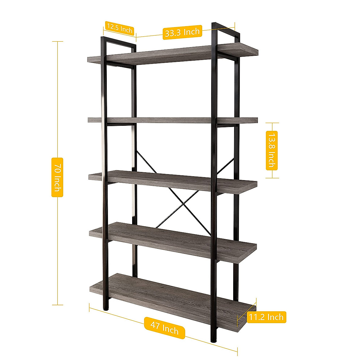 45MinST 5-Tier Vintage Industrial Style Bookcase/Metal and Wood Bookshelf Furniture for Collection, Gray Oak, 3/4/5 Tier (5-Tier)