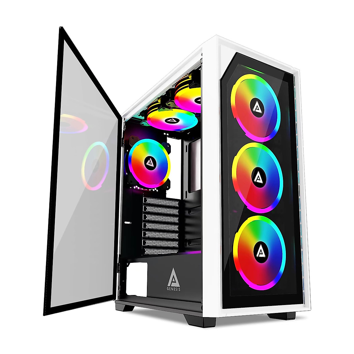 Apevia G-PRO-WH Genesis Pro Mid Tower Gaming Case with 2 x Tempered Glass Panel, Top USB3.0/USB2.0/Audio Ports, 6 x RGB Fans, White Frame