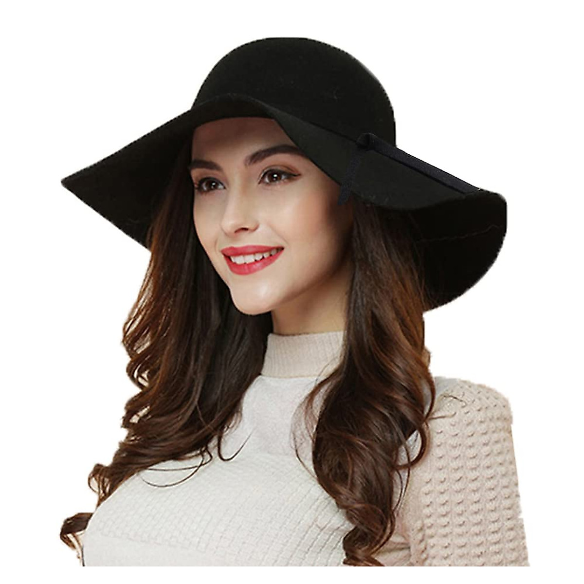 ASSQI Women's 100% Wool Foldable Wide Brim Retro Fedora Floppy Felt Bowler Hat (Black)