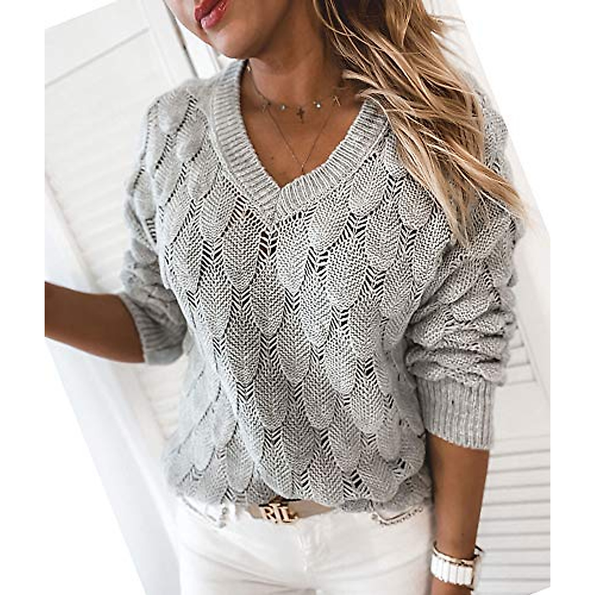 Women's V Neck Long Sleeve Pullover Sweater Lightweight Knit Sweaters Novelty Sweaters Grey