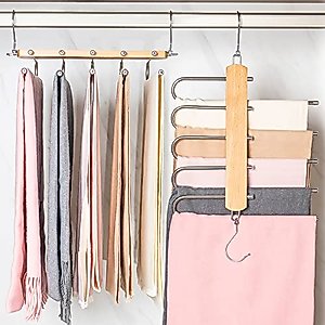 Unjumbly 2 Pack Magic Pants Hangers - Space Saving Hanging Closet Organizer for Trousers, Jeans, Leggings, Skirts, Scarves, Stainless Steel Wooden Hangers