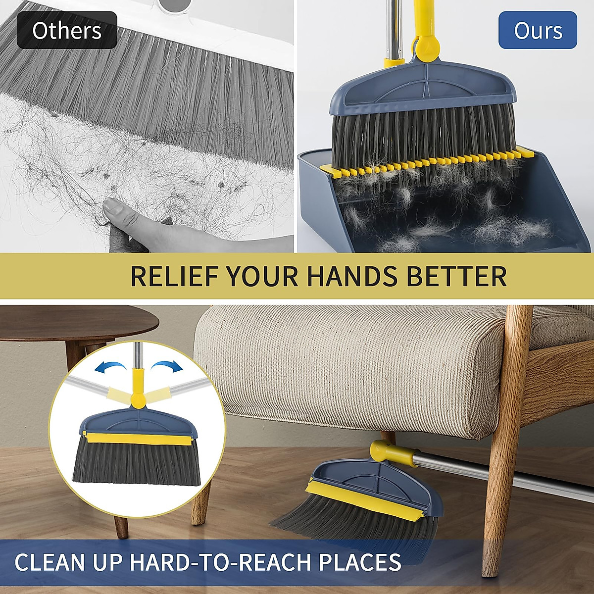 Broom and Dustpan Set,2 in 1 Broom Brush with Dustpan Combo Set, Upright 180°Rotating Broom with Long Handle and Lightwight Dust Pans for Home Kitchen Room Office Lobby Floor Cleaning，Blue