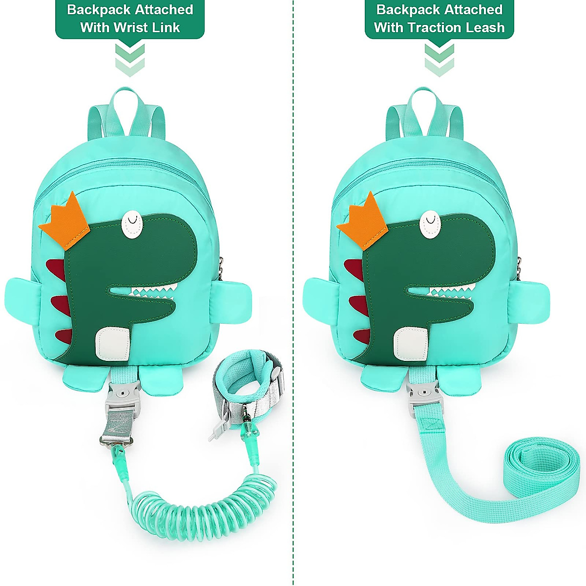 Accmor Toddler Harness Backpack Leash, 4 in 1 Kid Dinosaur Backpacks with Anti Lost Wrist Link, Child Cute Daycare Bags with Rope Tether Keep Boys Girls Walking Close(Green)