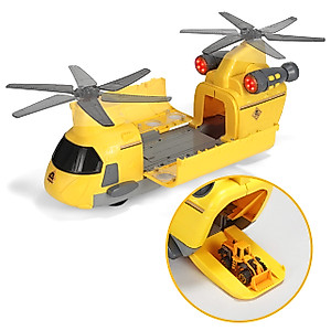 JOYIN Construction Transport Cargo Toy Airplane Car Play Set Including 1 Transport Helicopter with Real Lights, 6 Diecast Vehicles, 12 Action Figures, Birthday Gift for Boys and Girls (Yellow)