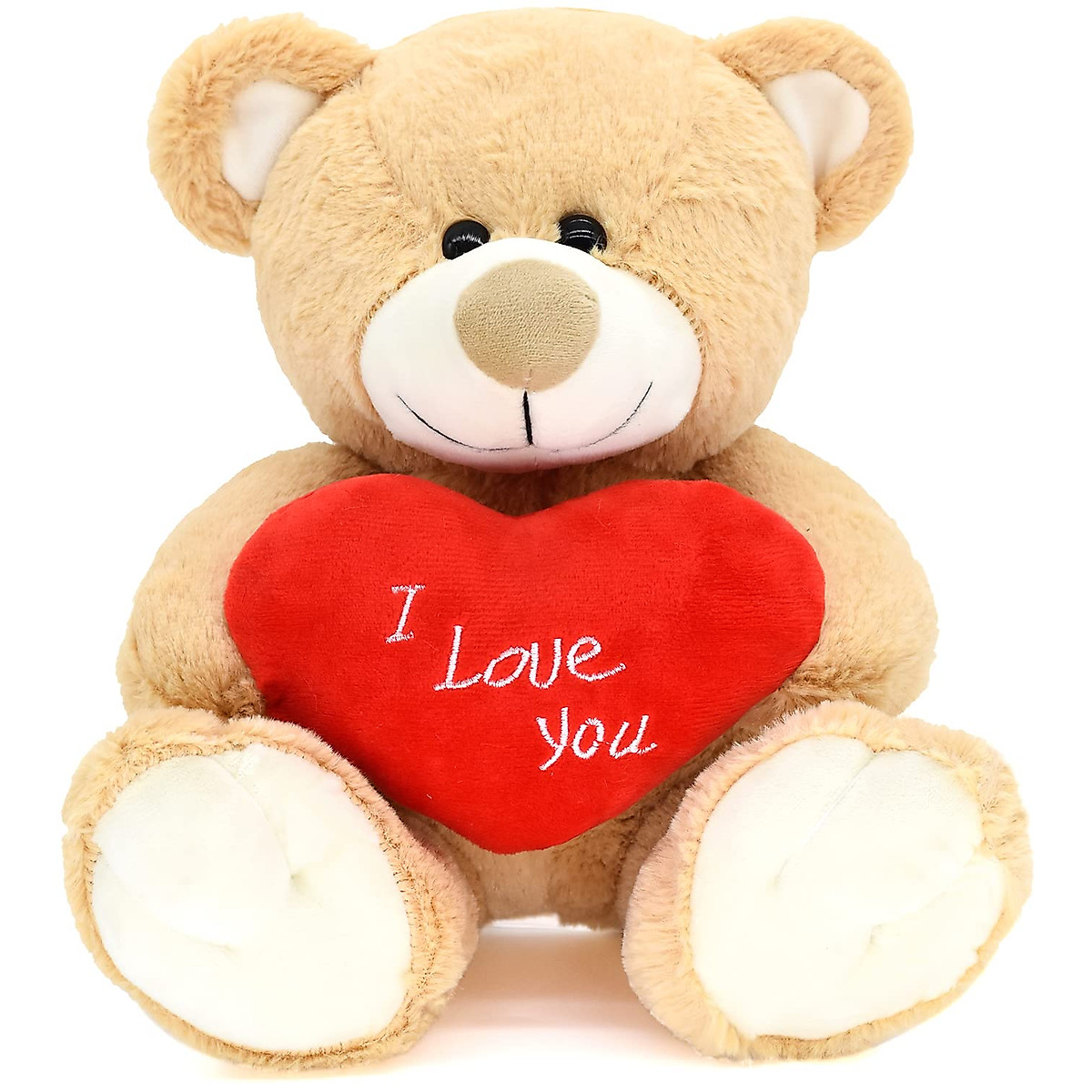 I Love You! 10'' Teddy Bear with Red Heart, Soft Plush Bear Doll Stuffed Animal Toys Valentines Day Decor Gifts for Her/Girlfriend Lover Mom Kids (Light Brown)