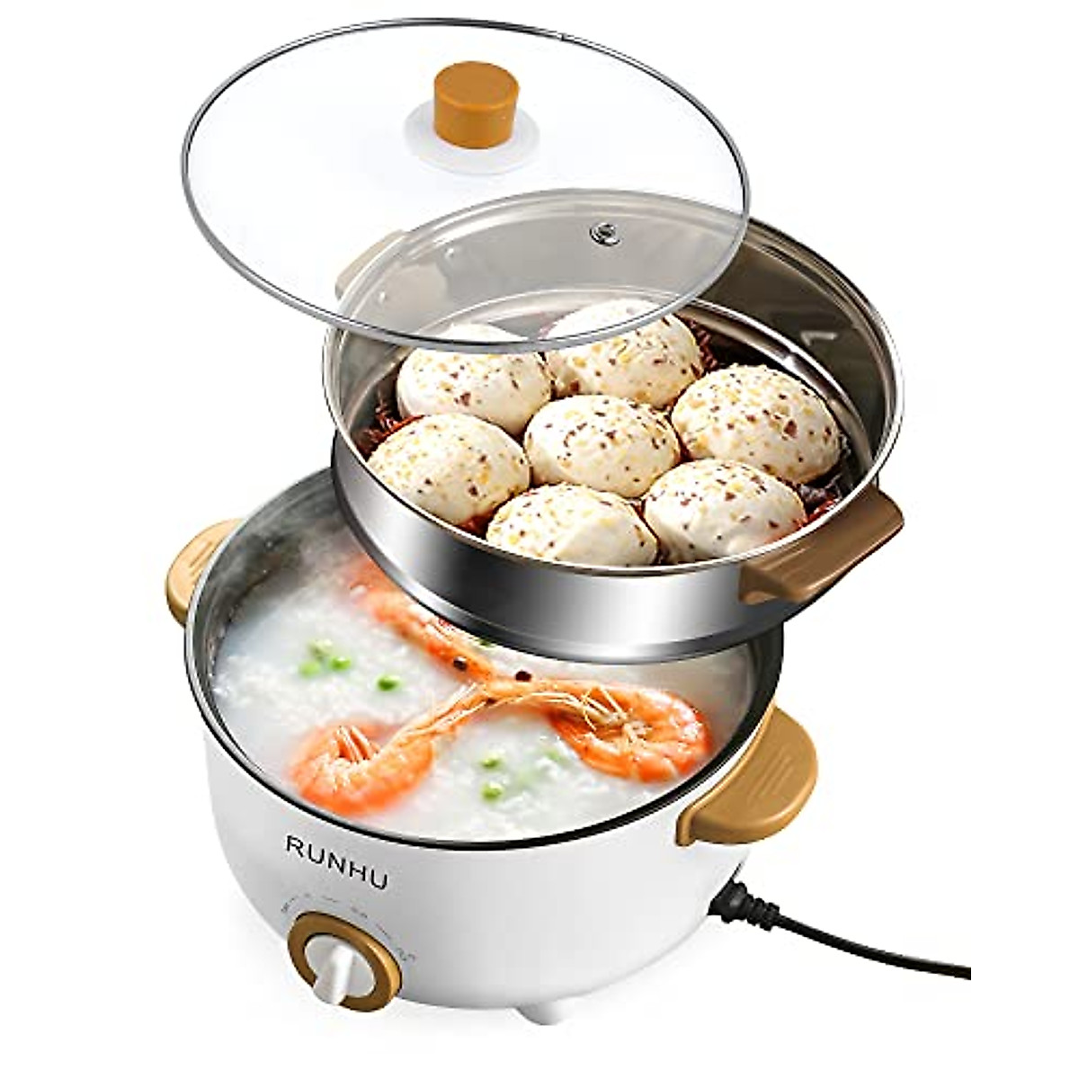 RUNHU Electric Hot Pot with Steamer, 4L Non-Stick Electric Frying Pan with Multi-Power Control, 3.1" Depth Multifunctional Cooker with Overheating Protection for Shabu Shabu, Noodles, Sauté (White)