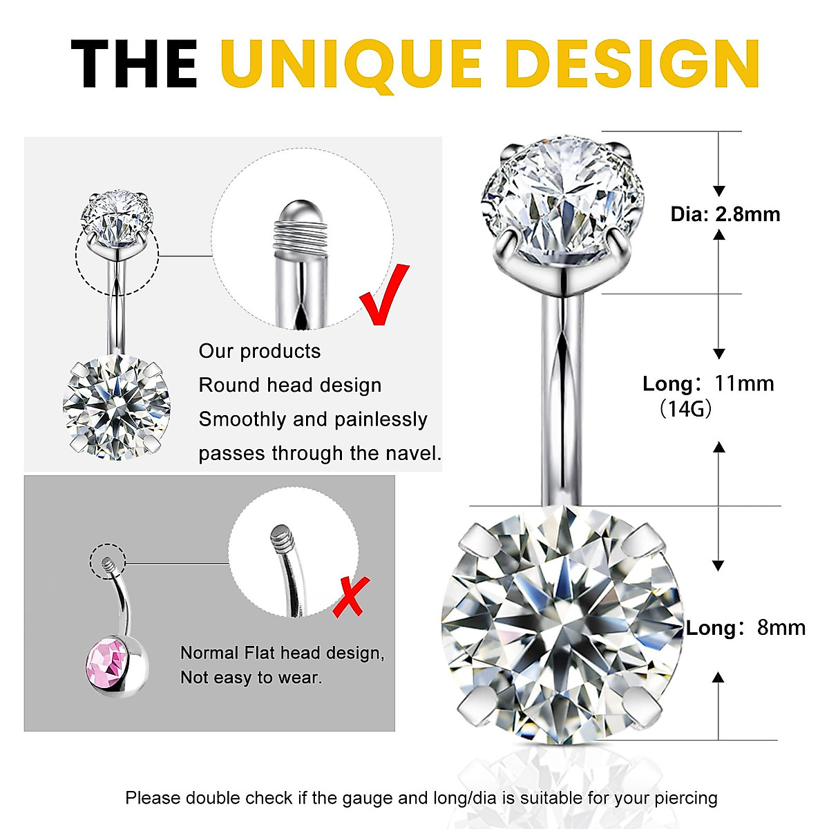 Wssxc 14G Hypoallergenic Surgical Steel Belly Button Ring Cubic Zirconia Belly Button Barbs Body Piercing Set 7Pcs