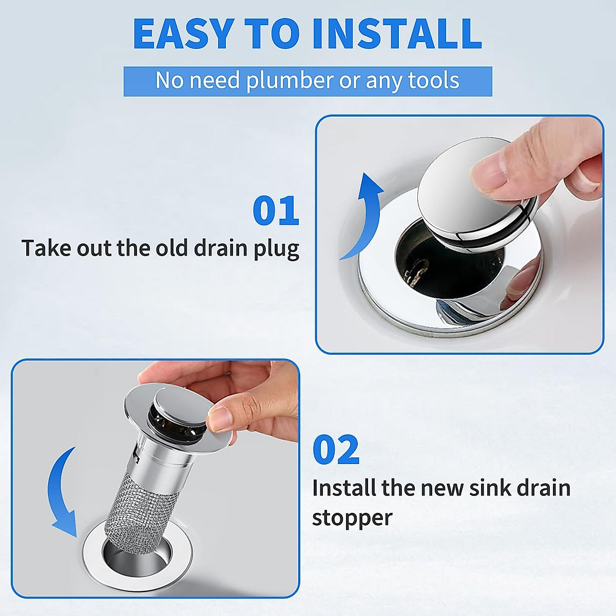 2Pcs Bathroom Sink Drain Strainer for 1.1-1.29 Inch, Pop Up Bathroom Sink Stopper Hair Catcher with Stainless Steel Filter Basket, for US Bathroom Sink Drain Stopper Basin Drain Filter Replacement