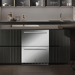 ICEJUNGLE Indoor and Outdoor Refrigerator, Digital Touch LED Display Under Counter 24'' Built-in Beverage Refrigerator Double Drawer Fridge Stainless Steel Silver