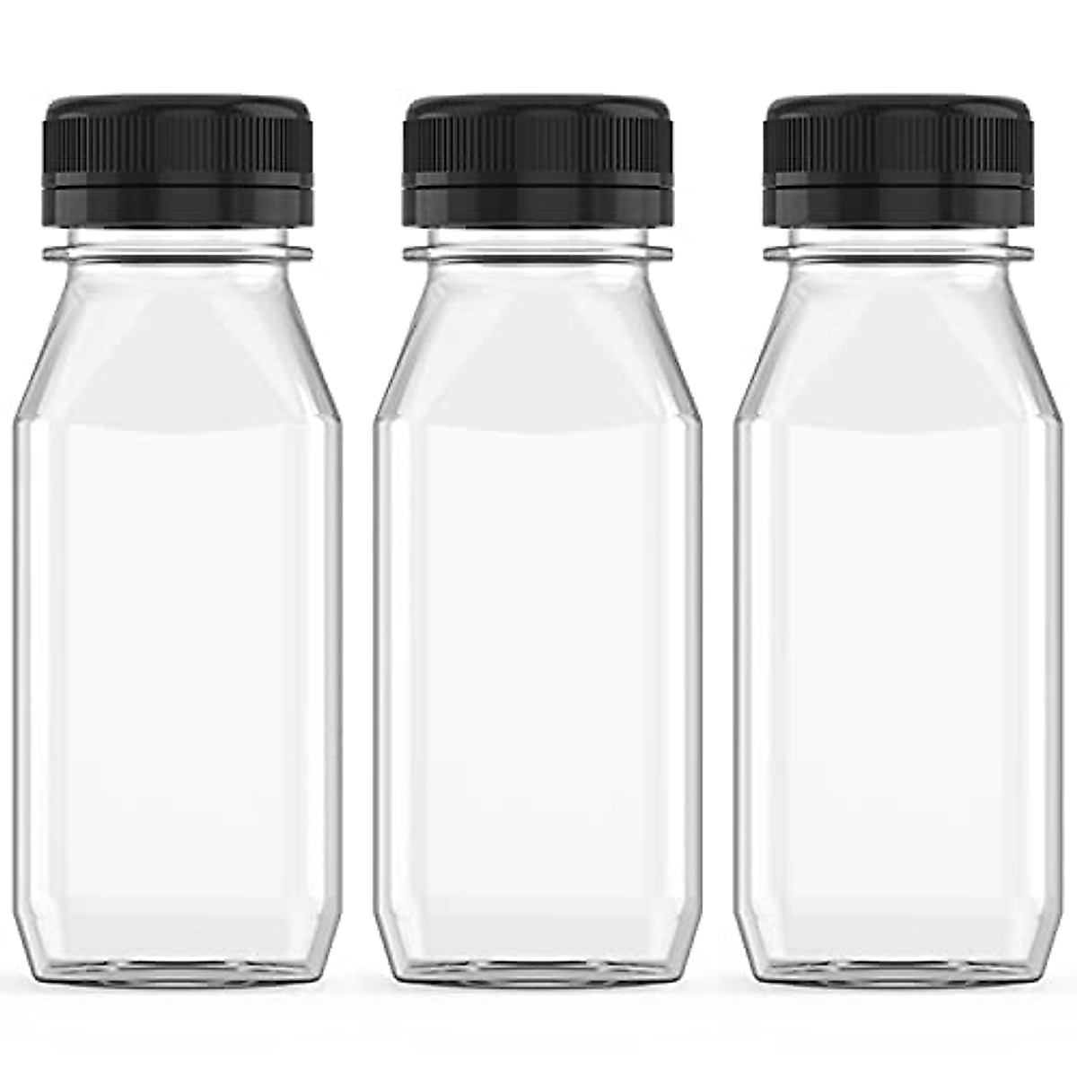 Hulless 3 Pcs 8 Ounce Plastic Juice Bottle Drink Containers Juicing Bottles with Black Lids, Suitable for Juice, Smoothies, Milk and Homemade Beverages